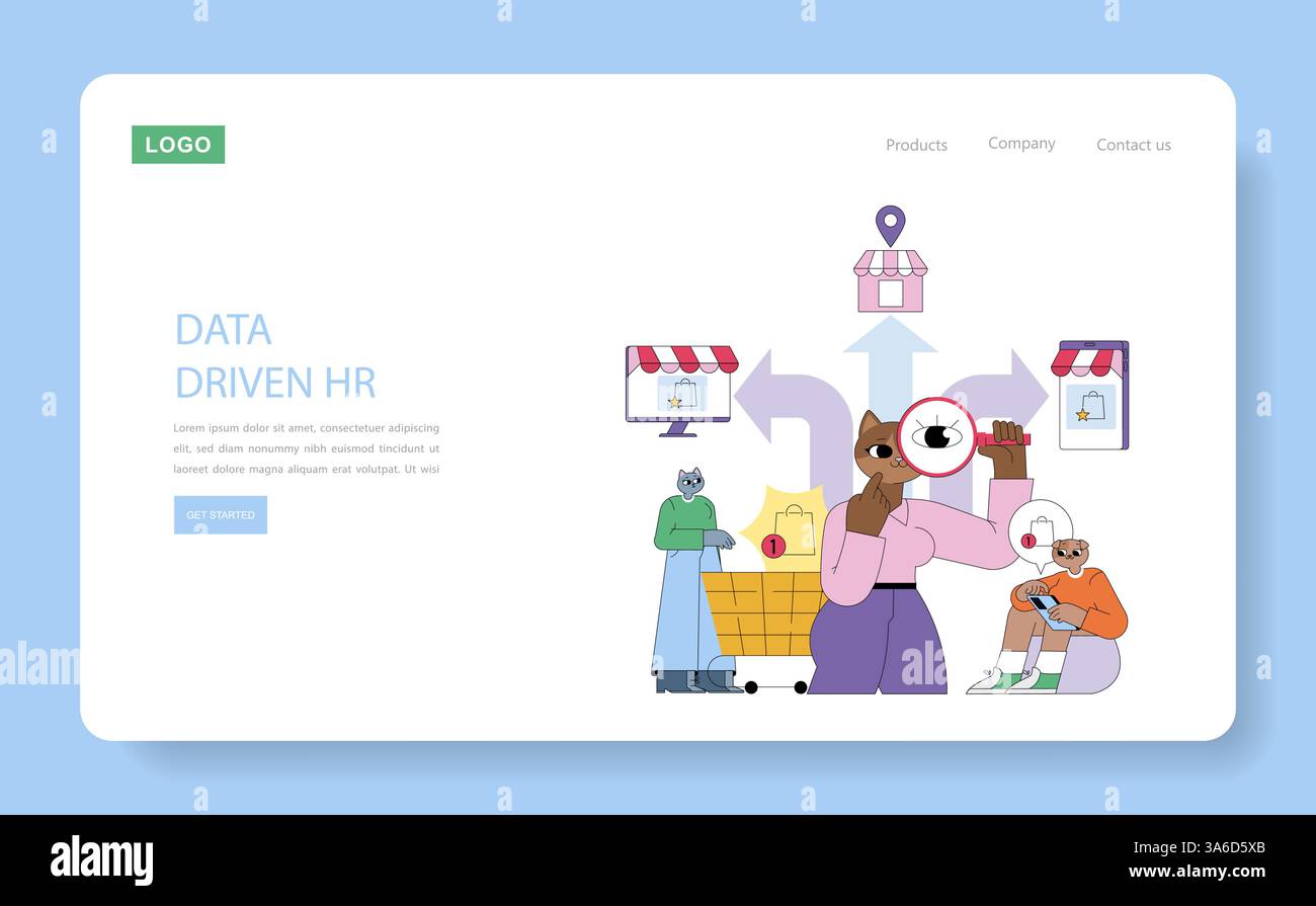 Data-driven HR illustration showing professionals analyzing marketing tools and customer ...