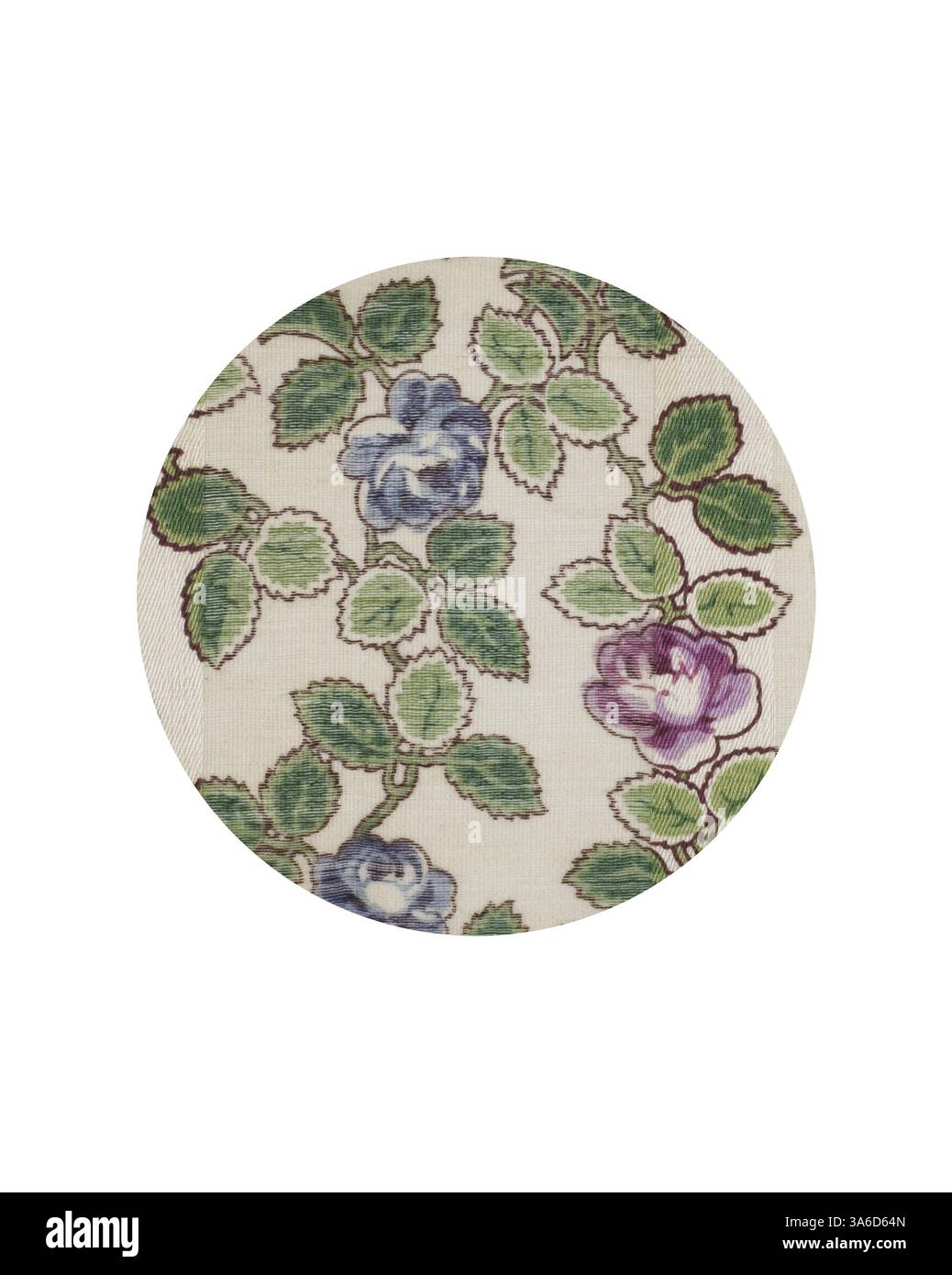 A round textile featuring a delicate pattern of roses in blue, purple ...