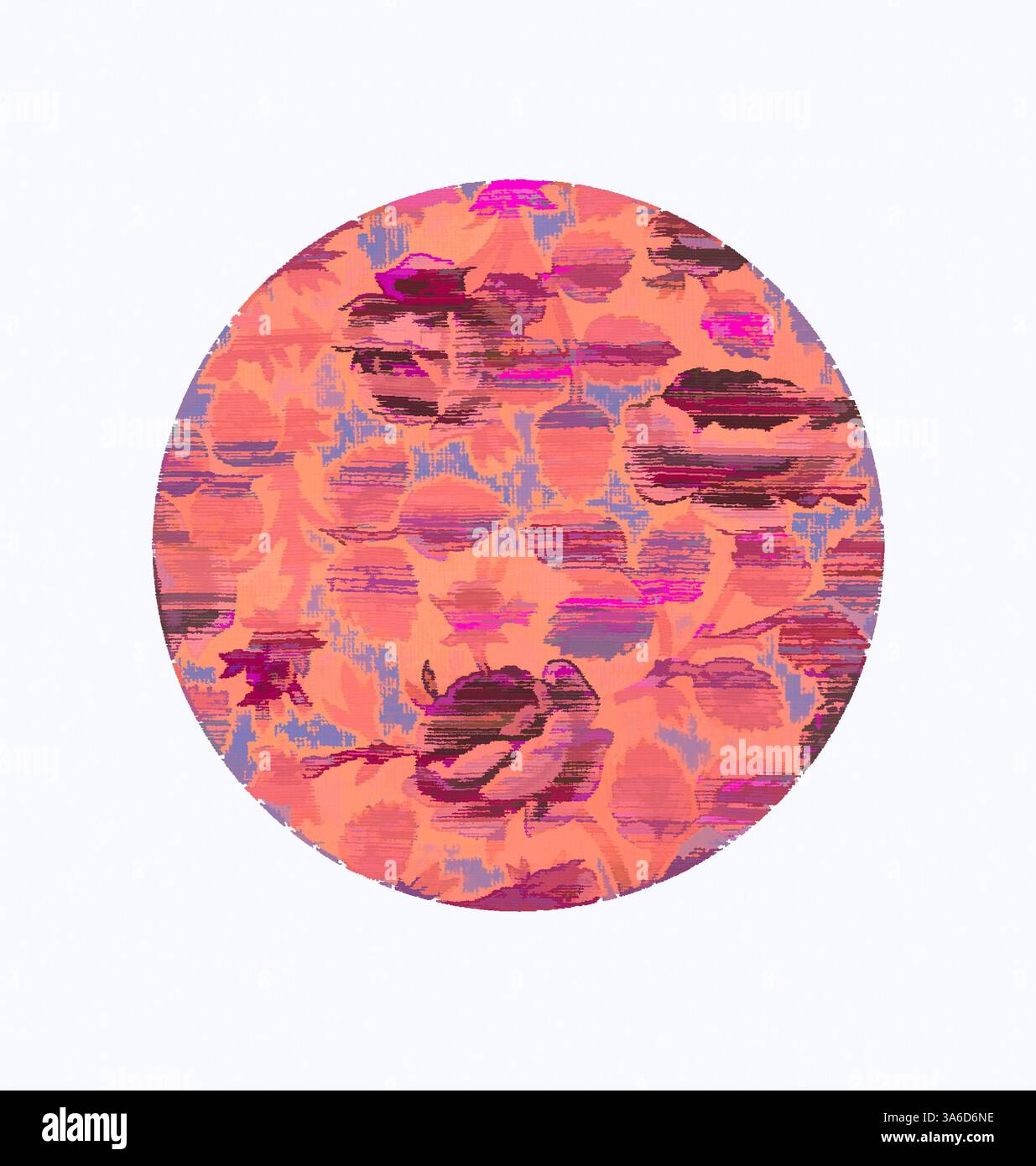 A vibrant circular pattern featuring bold, stylized flowers in shades ...