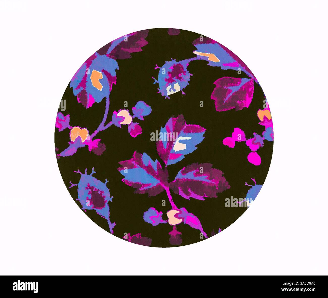 A vibrant floral pattern featuring bold purple and pink flowers ...