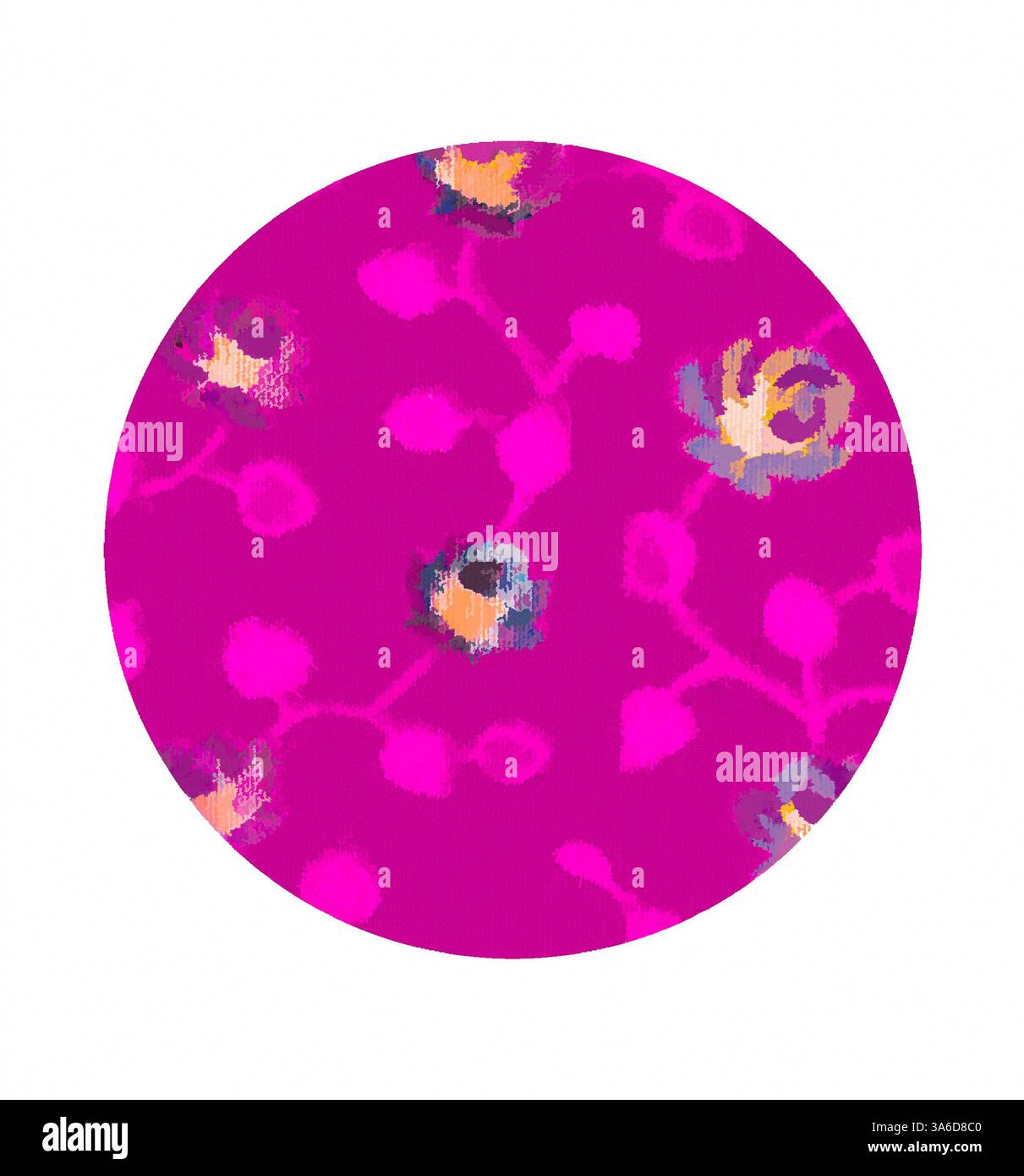 A vibrant circular pattern featuring bold, bright pink hues intertwined ...