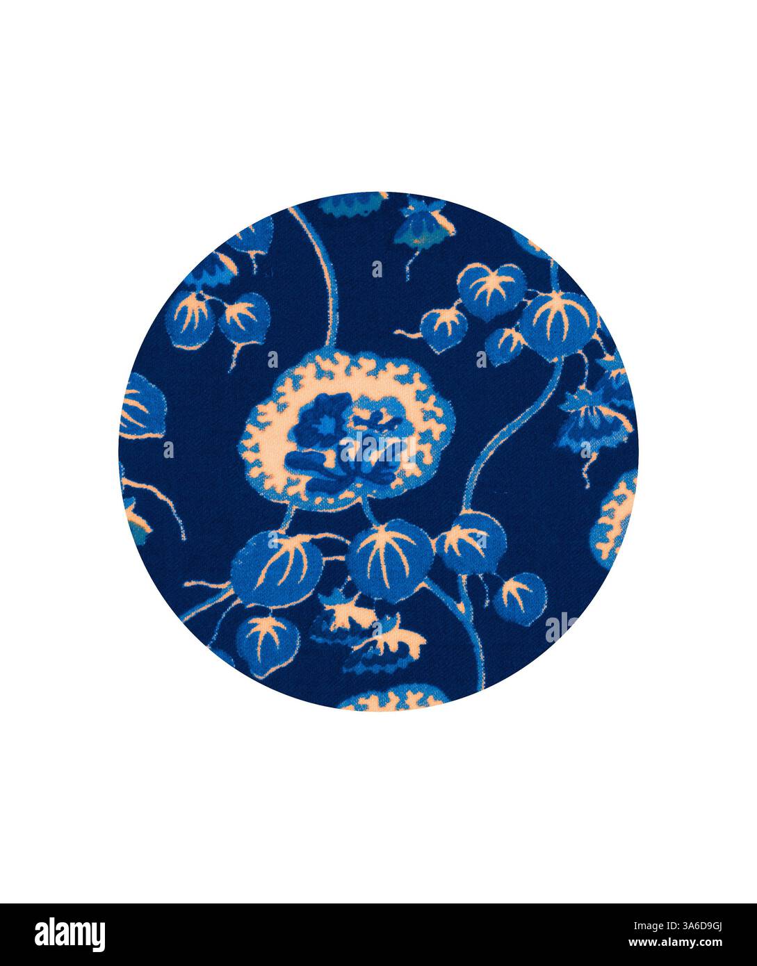A circular fabric swatch featuring a vibrant floral pattern in shades ...