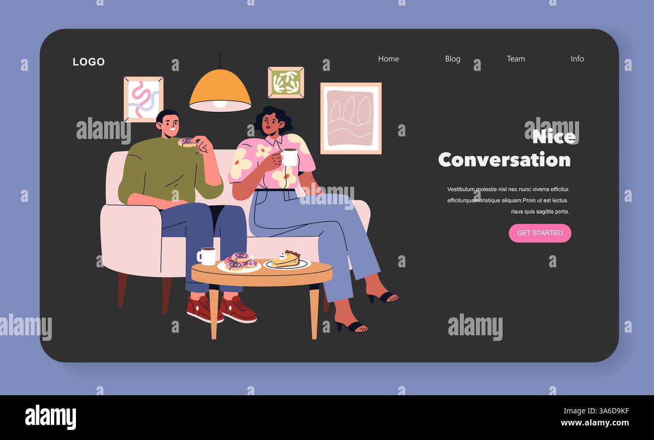 An inviting illustration of a cozy dinner party scene, featuring two ...