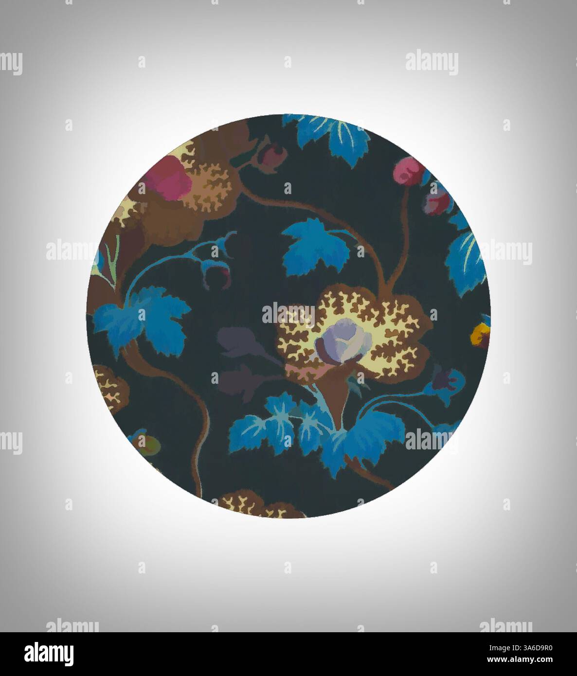A circular design featuring vibrant, stylized floral patterns in deep ...