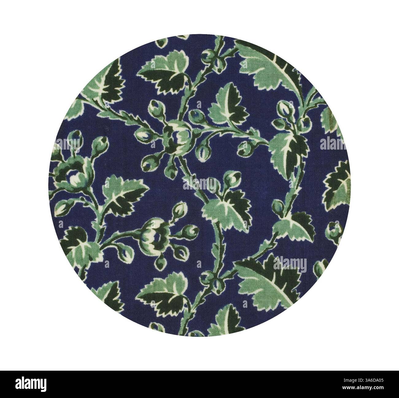 A circular fabric design featuring intricate floral and leafy patterns ...