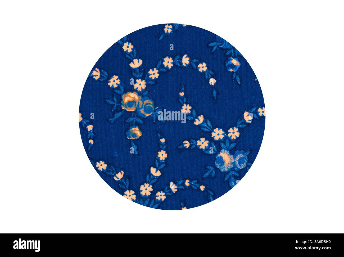 A circular fabric swatch featuring a vibrant blue background adorned ...