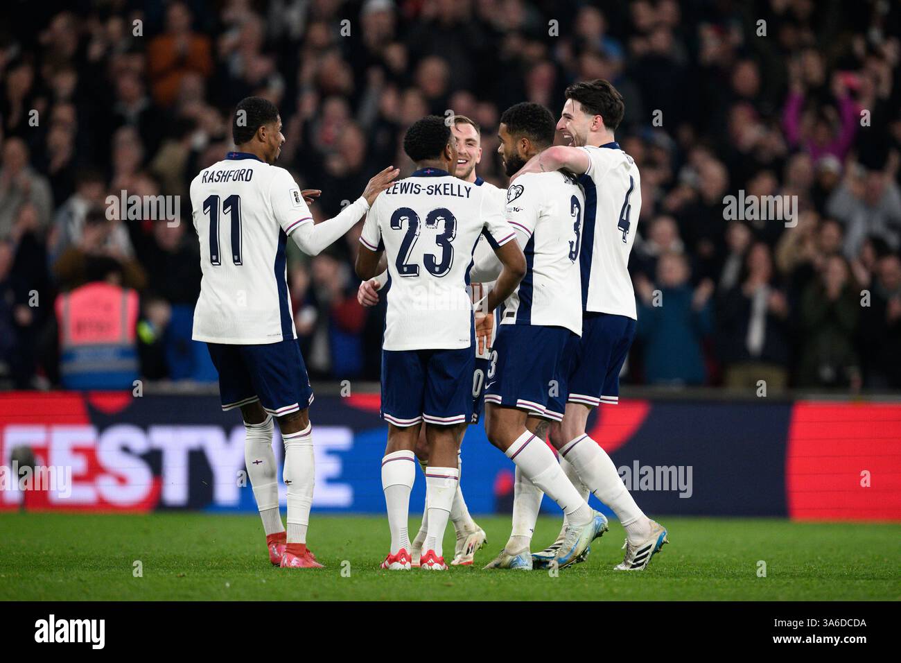 LONDON, ENGLAND - Myles Lewis-Skelly, Reece James and Declan Rice and ...