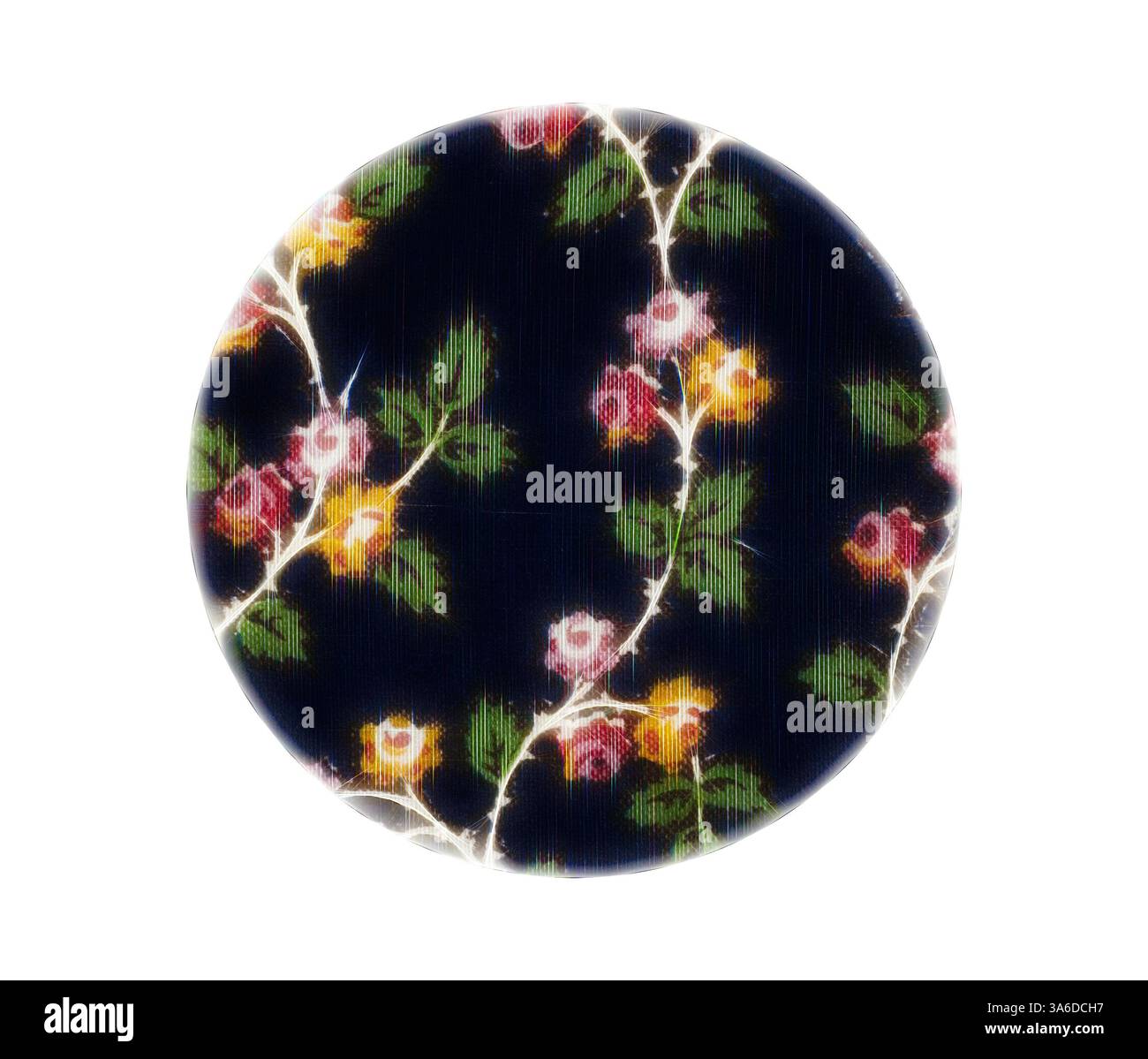 A circular pattern features vibrant floral motifs intertwined with ...