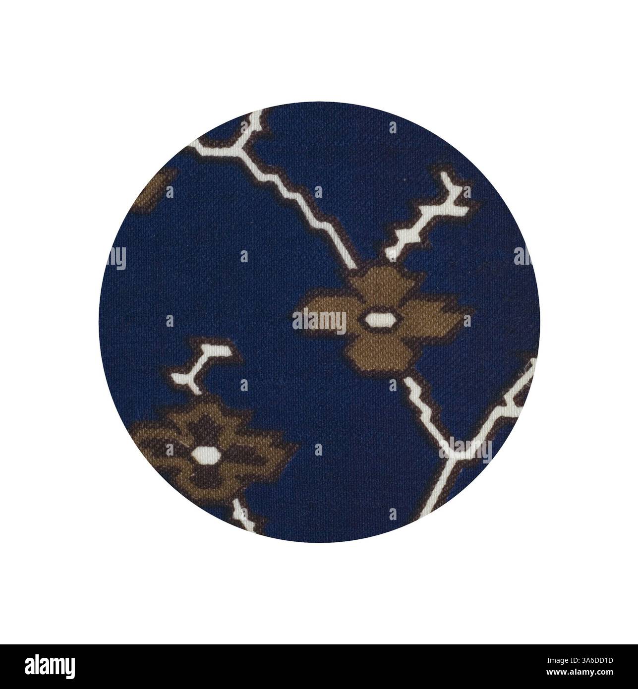 A rich blue fabric adorned with intricate floral patterns in earthy ...