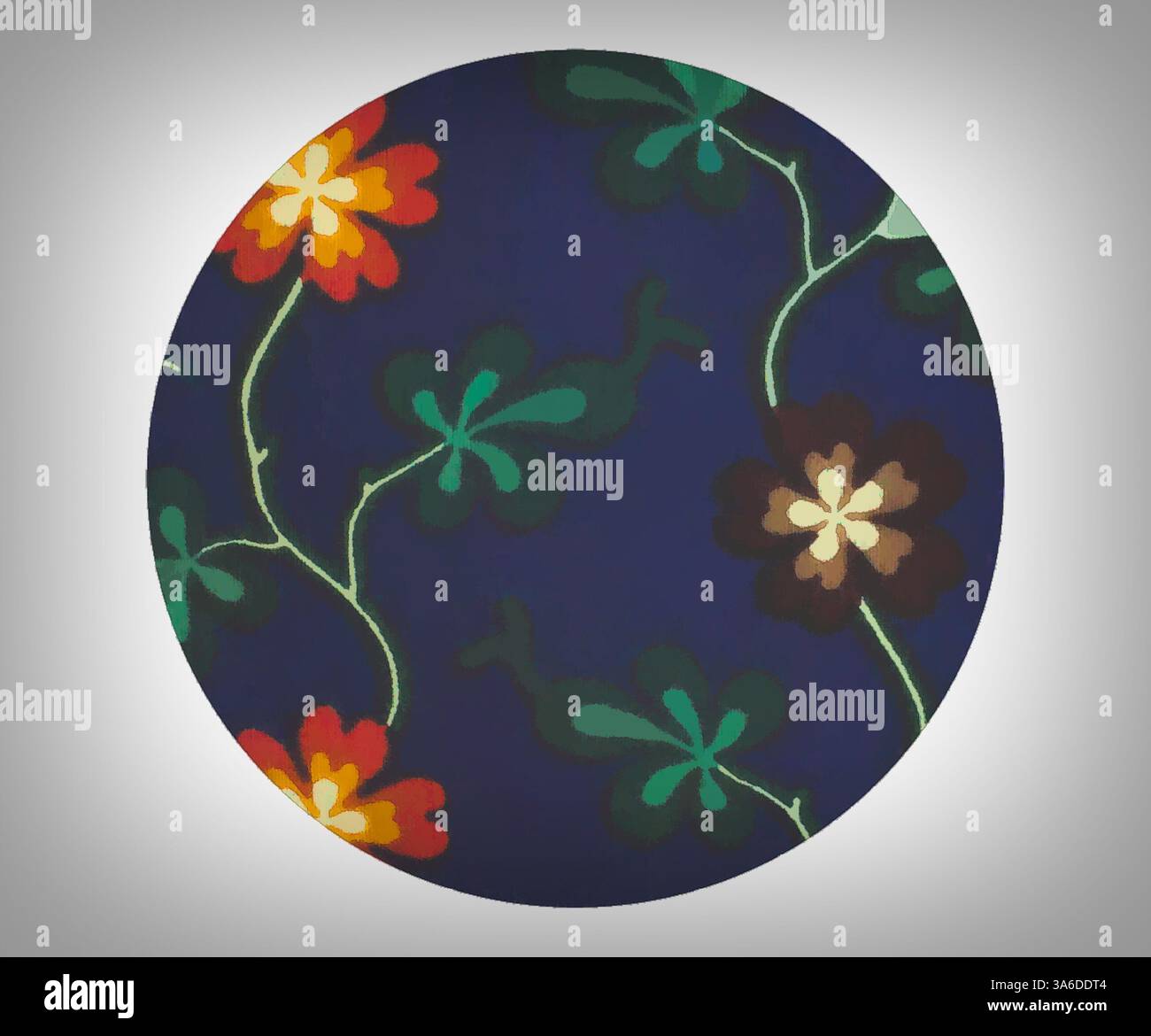 A circular design featuring vibrant flowers and playful vines in rich ...