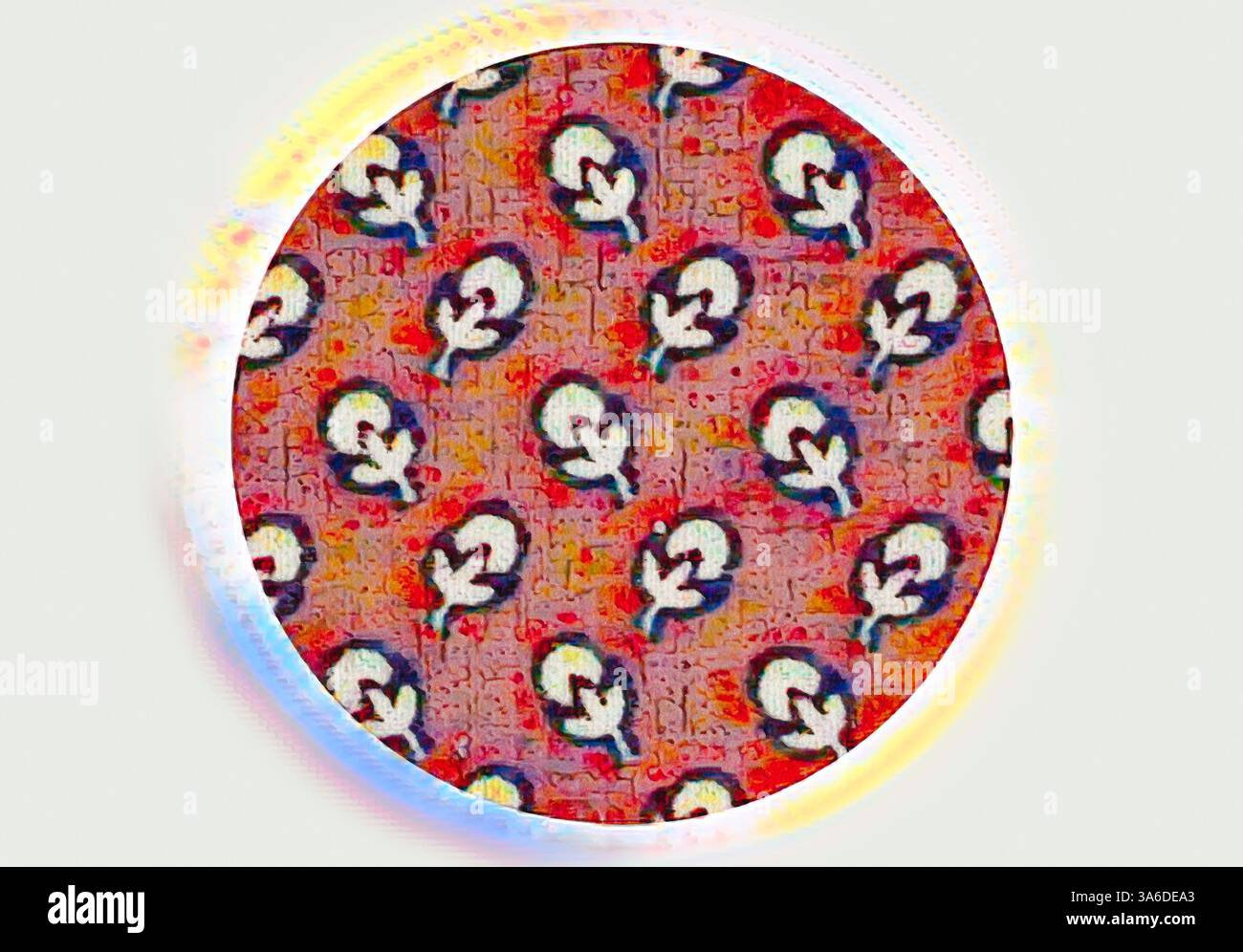 A circular pattern featuring stylized leaves set against a vivid ...