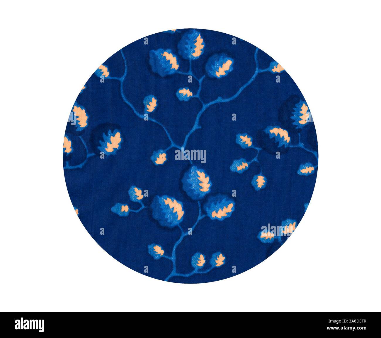 A rich blue fabric adorned with delicate floral patterns and earthy ...