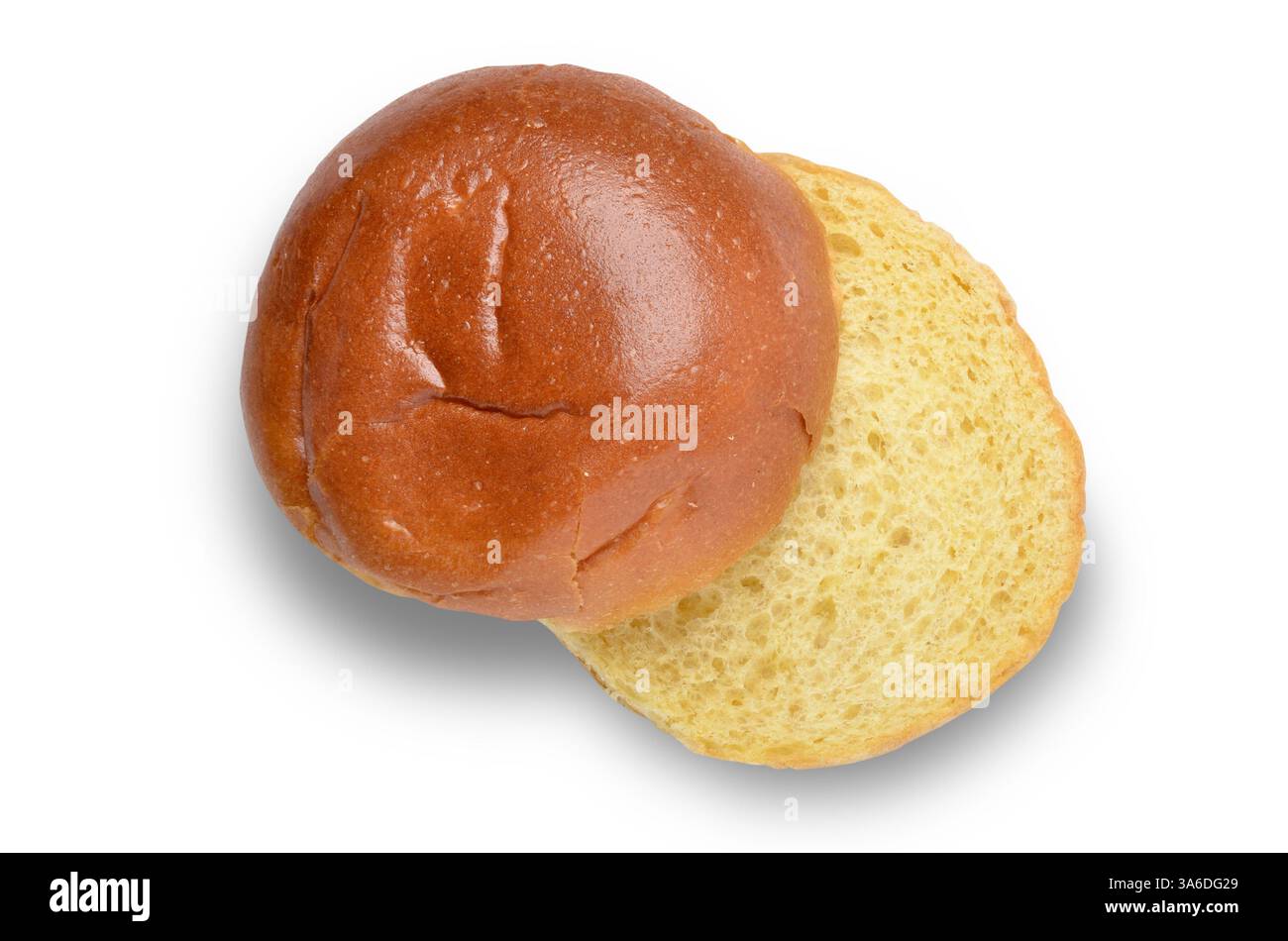 Single Brioche Burger bread bun sliced open shot from top view isolated ...