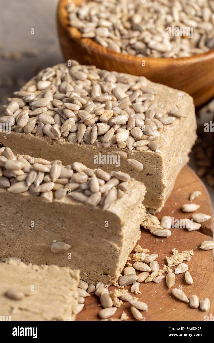 cut halva from sunflower seeds, closeup dessert made from roasted seeds Stock Photo - Alamy
