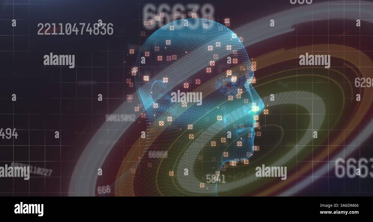 Image of scope scanning, numbers changing over human head spinning on grid in background ...