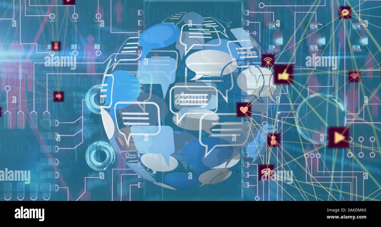 Image of globe of speech bubbles spinning with connected technological icons floating. digital ...