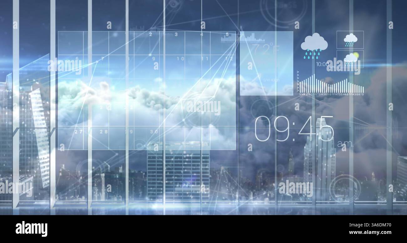 Image of a weather website with clouds moving over a cityscape. digital ...