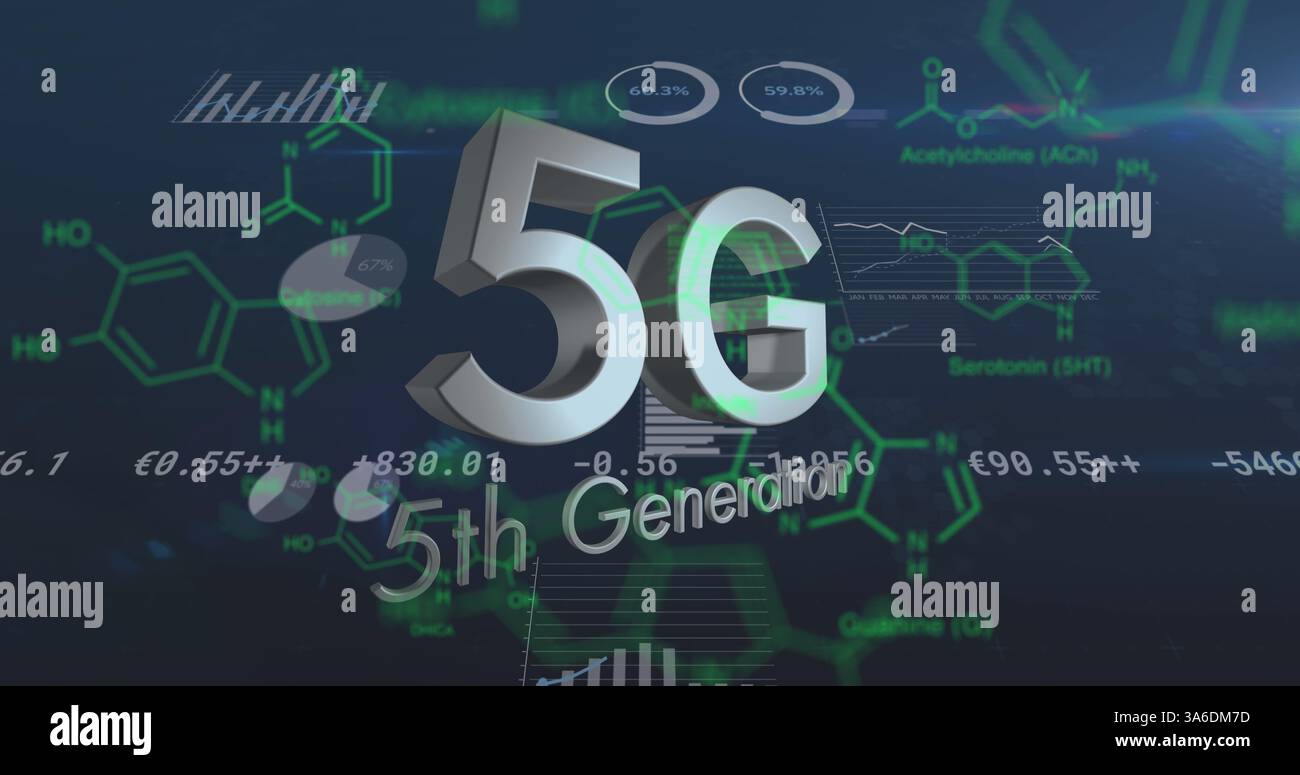 Image of 5g 5th generation text over chemical structural compounds and ...