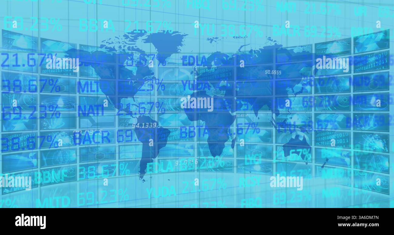 Image of a blue world map with data and information moving over ...