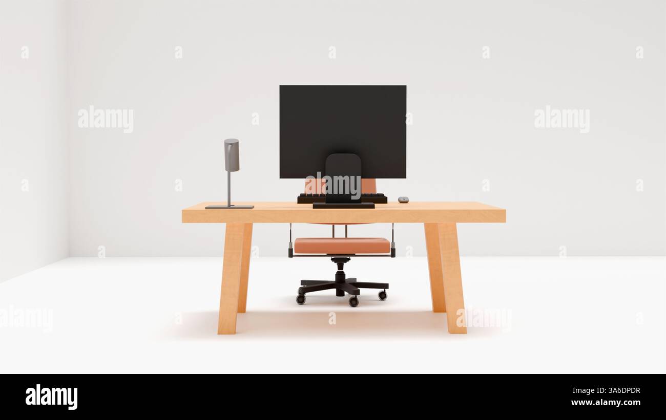 Computer desk with computer on table and computer chair in white room ...