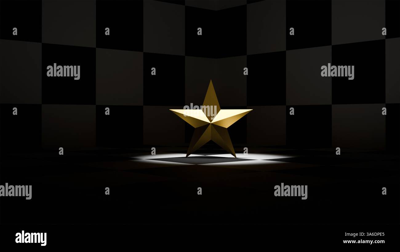 3D model of golden star on chessboard with beam of light in dark, game ...