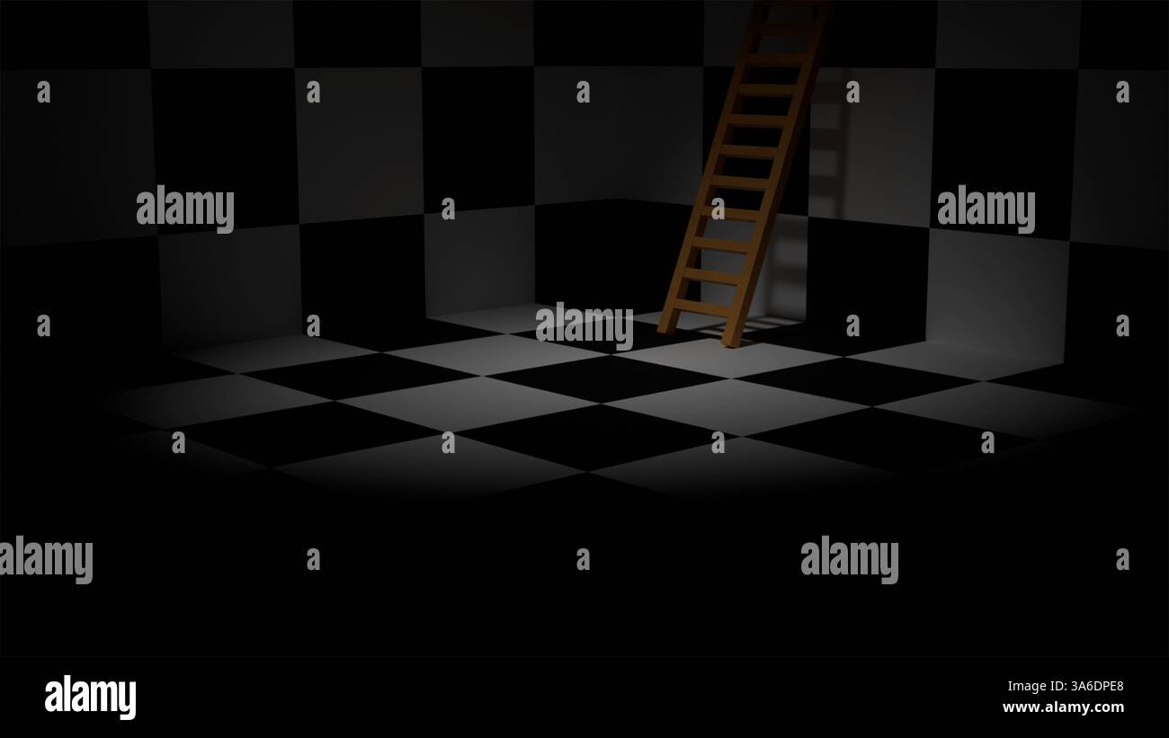 3D model of a chess room with a staircase in the middle in a beam of ...