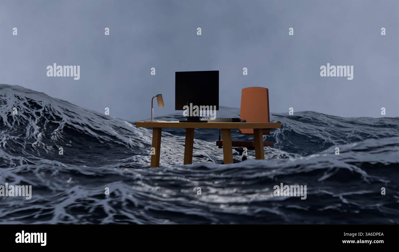 Computer desk with computer on table and computer chair stand in the ...