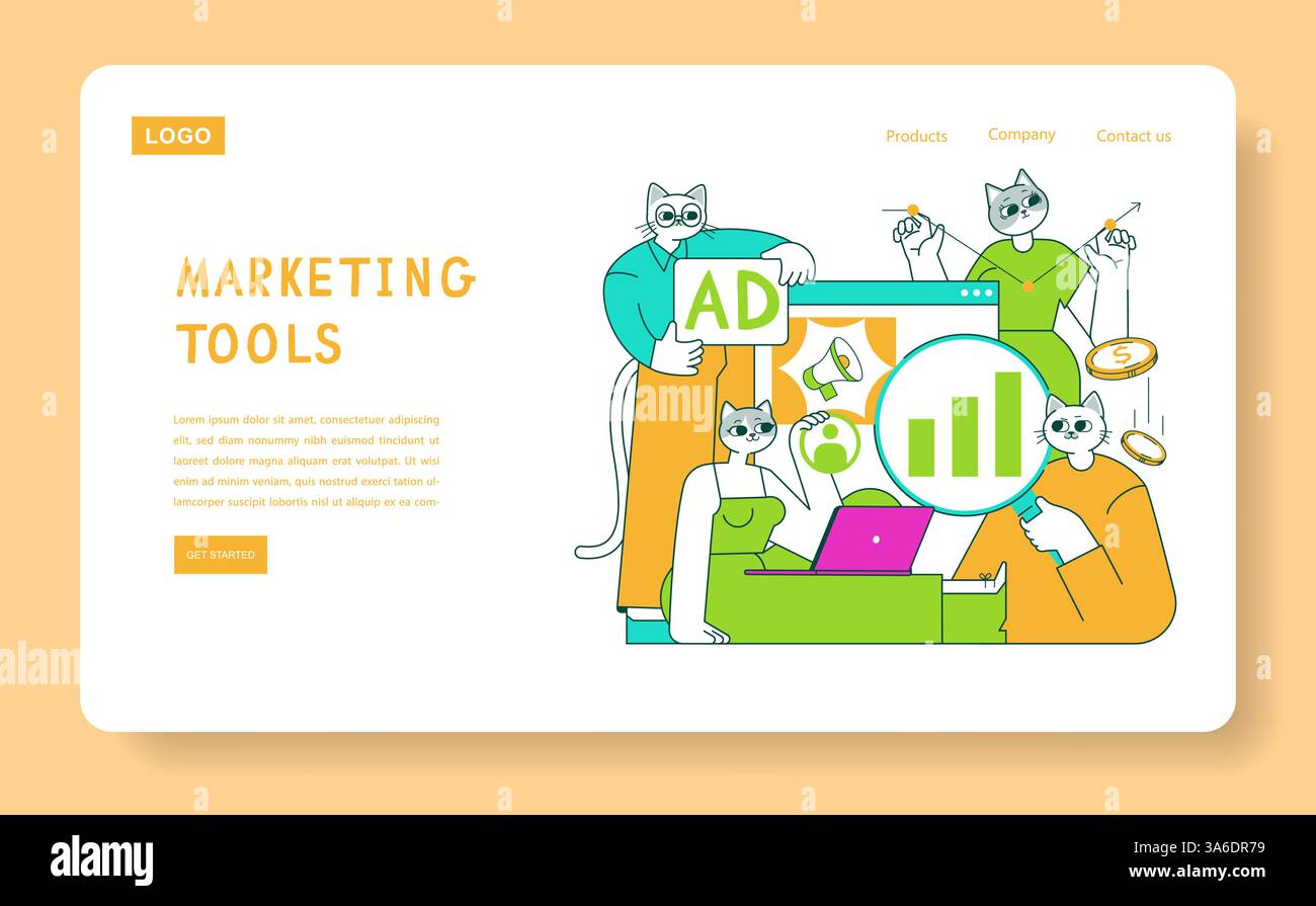 Marketing Tools vector illustration features a group of cats engaging with digital tools ...