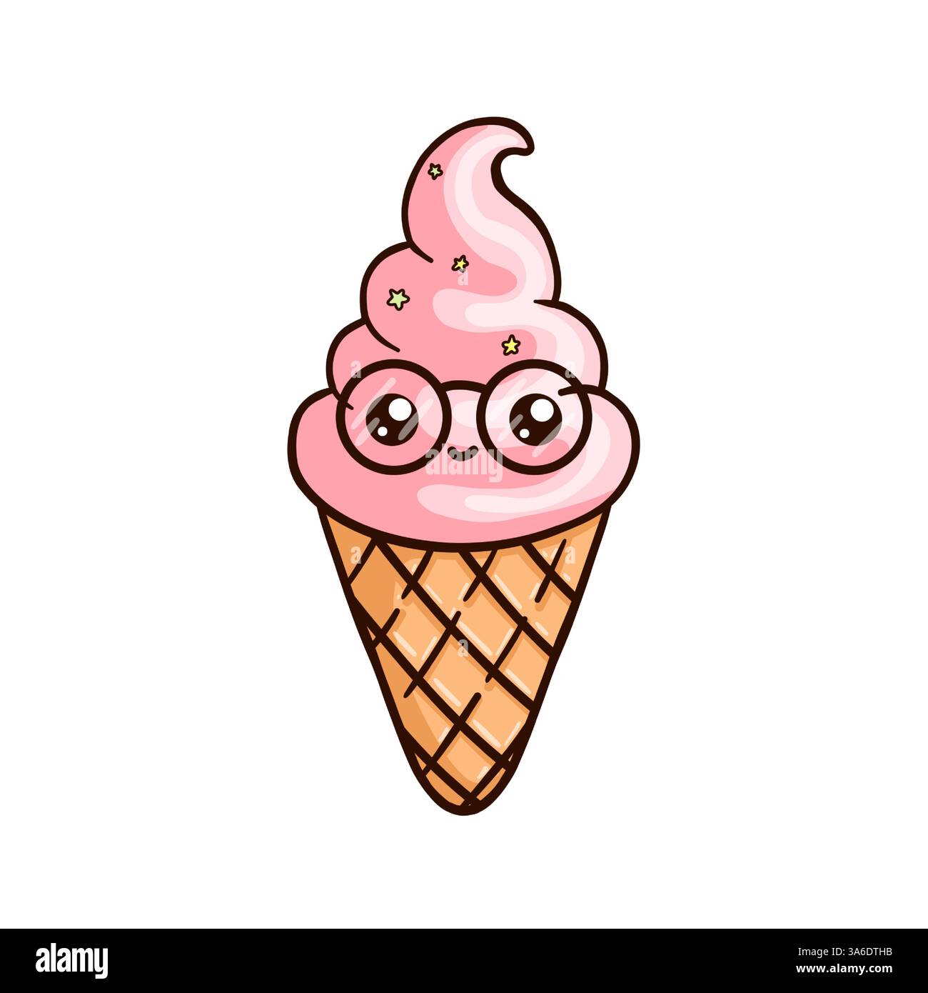 Kawaii ice cream cone with pink ice cream, wearing round glasses. The ...