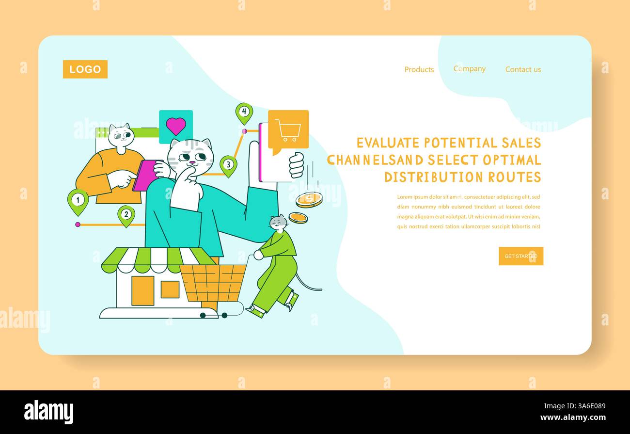 Product marketing illustration featuring a cat analyzing sales channels ...