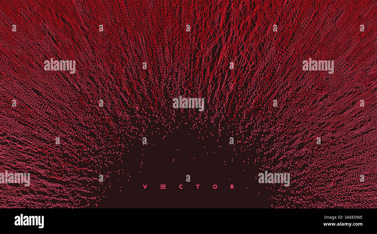 Small particles strive out of center. Array with dynamic particles. Abstract grid design. Vector ...