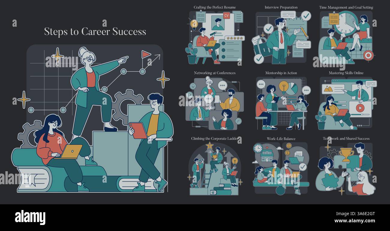 Steps to Career Success concept. This illustration outlines vital strategies for achieving ...