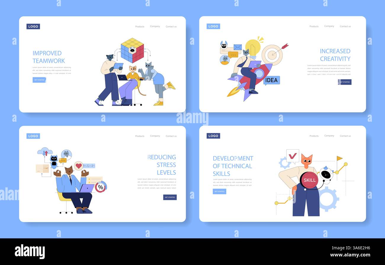 AI boosts mid-sized business productivity set. Animated animals depict ...