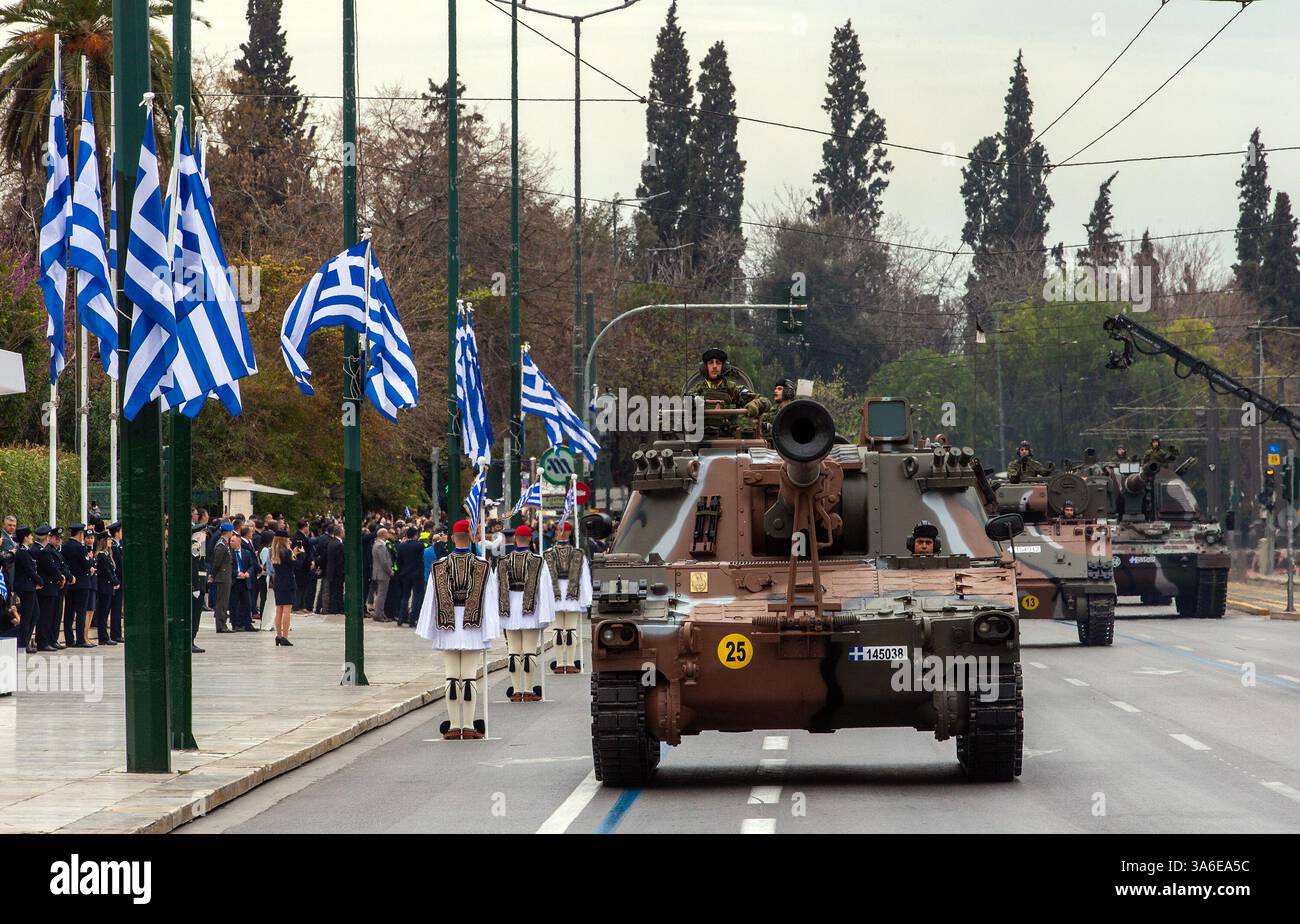 Athens, Greece. 25th Mar, 2025. Military vehicles are seen during a ...