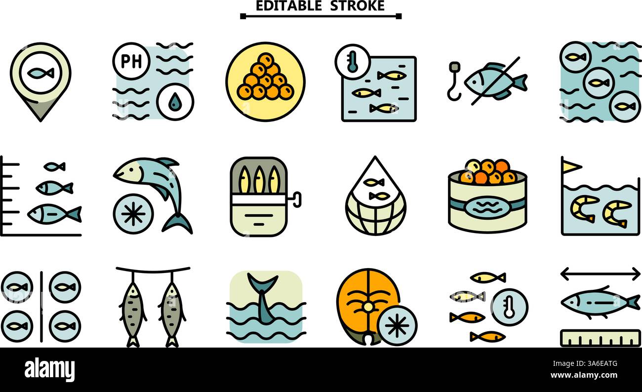 Fish farm icons set. Editable stroke. Color set of fish farm icons ...