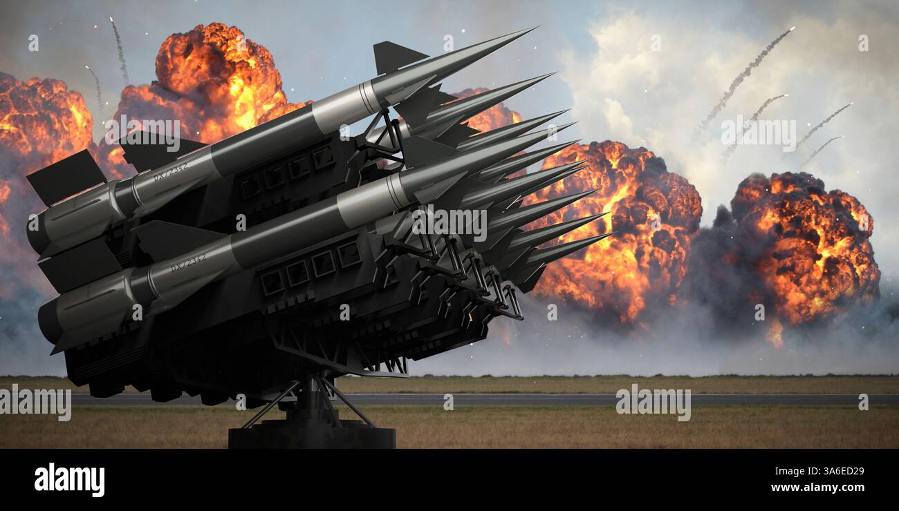 Many missiles on a launcher, explosions in background - 3D illustration ...