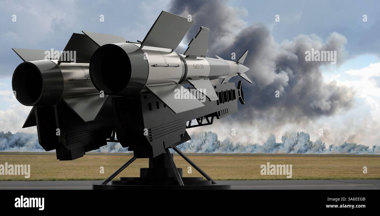 Two missiles on a launcher - 3D illustration Stock Photo - Alamy