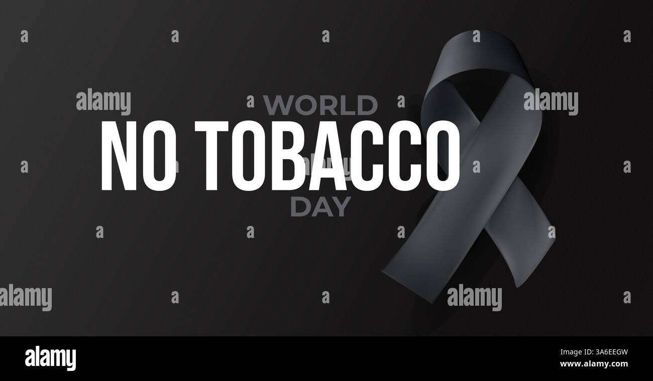 Gray awareness ribbon with World No Tobacco Day message on dark ...
