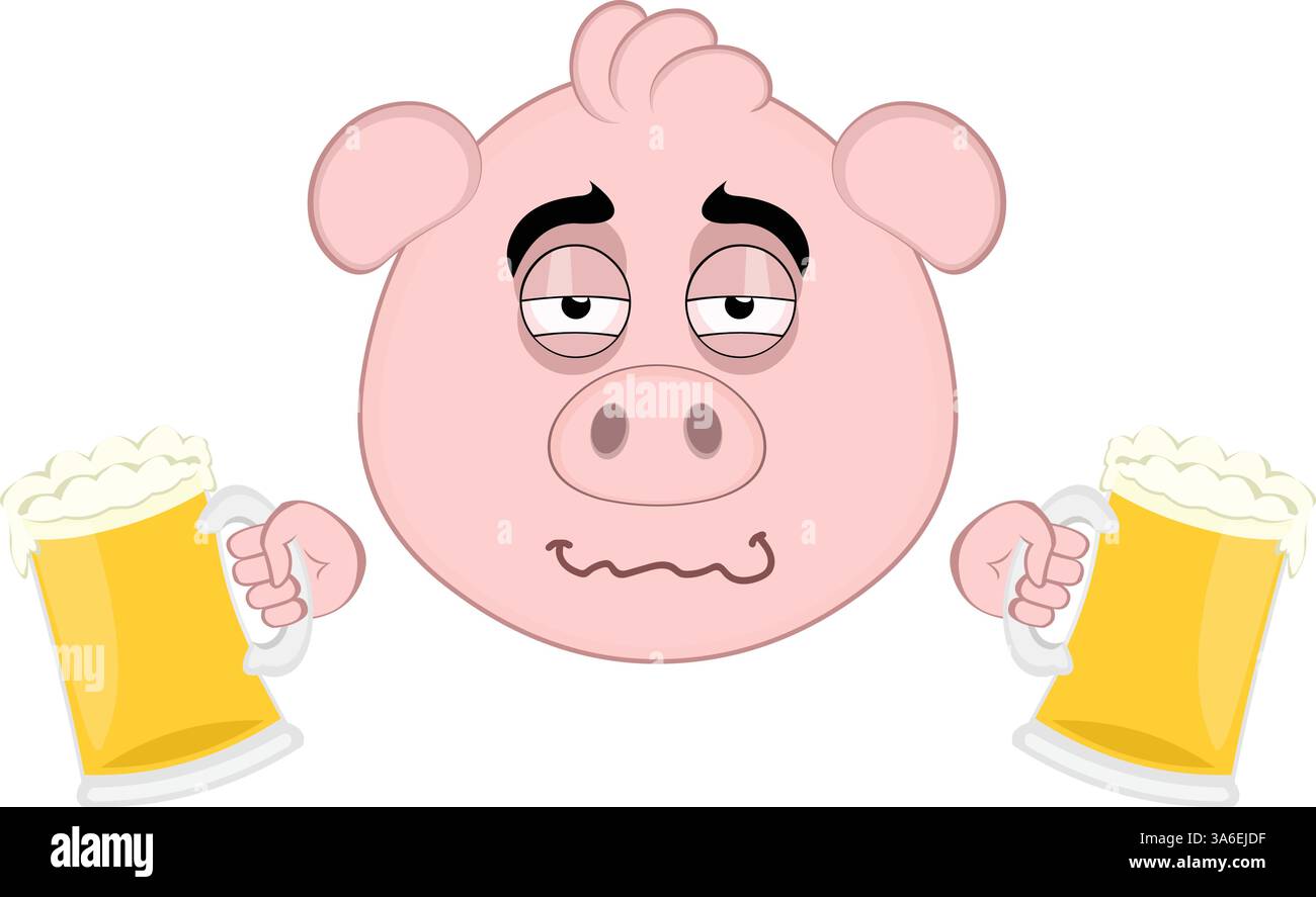 vector illustration emoji character face pig cartoon, drunk with beers glasses in his hands ...