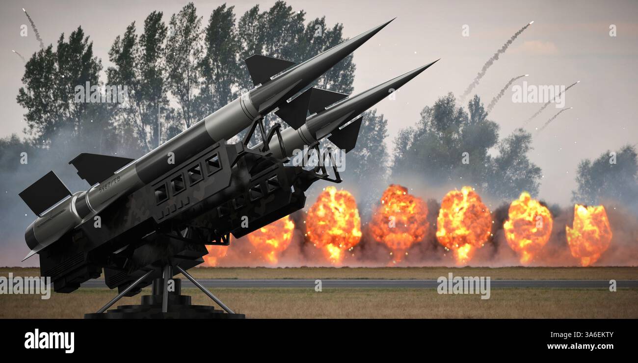 Two missiles on a launcher, explosions in background - 3D illustration ...
