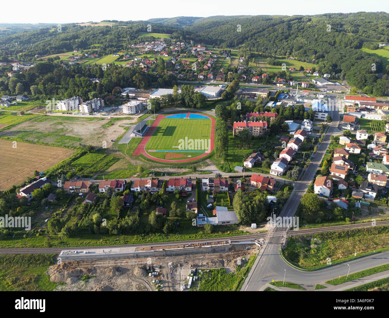 Aerial view of a local football stadium and its surroundings, captured ...