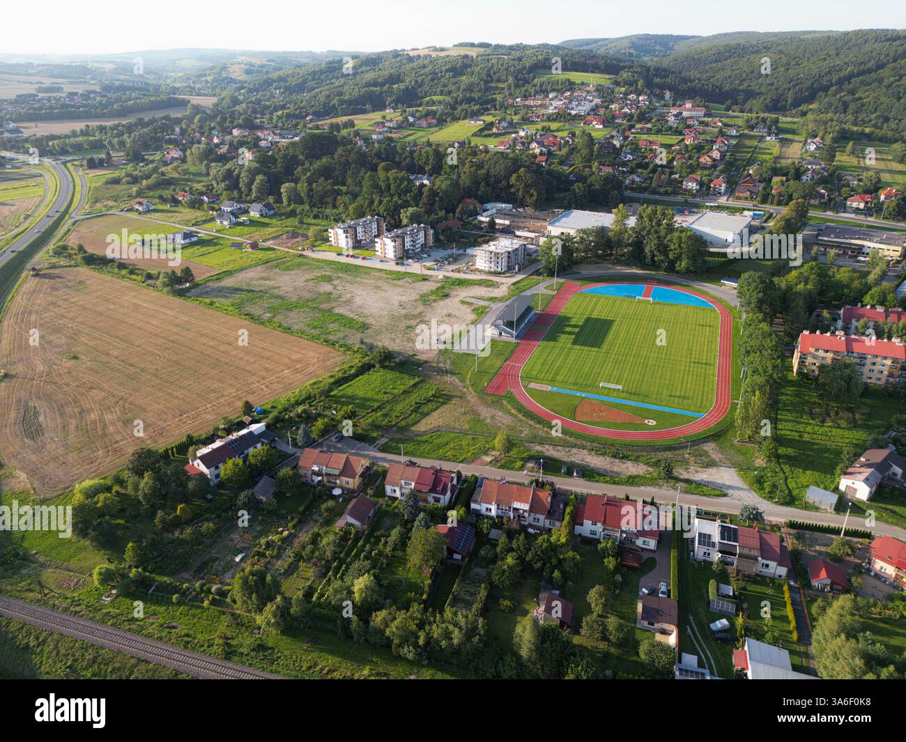 Aerial view of a local football stadium and its surroundings, captured ...