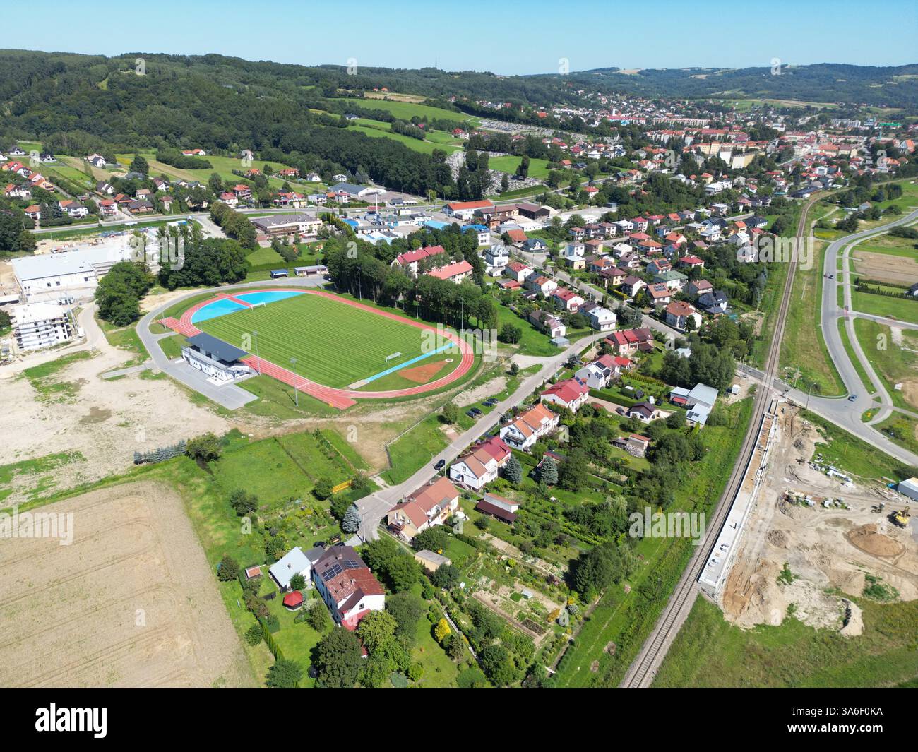 Aerial view of a local football stadium and its surroundings, captured ...
