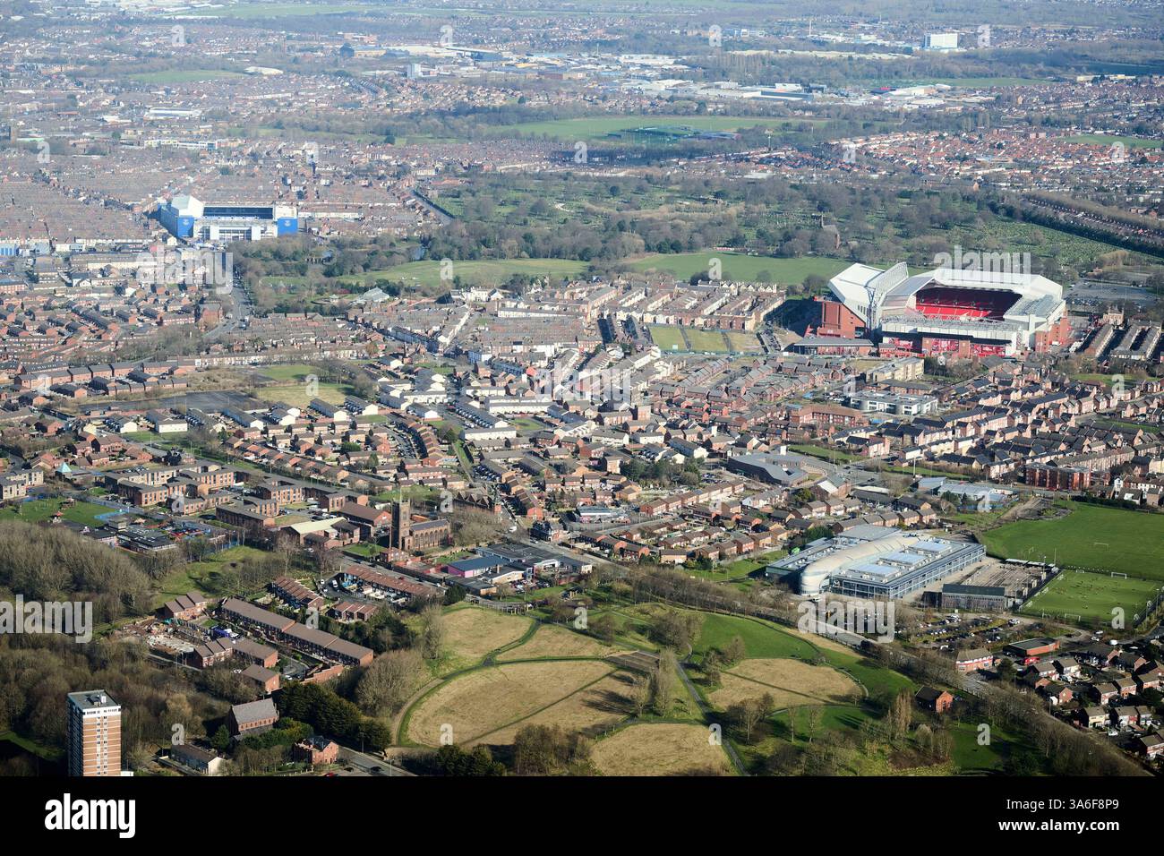 An aerial photograph of Liverpool showing Anfield and Goodison Park ...