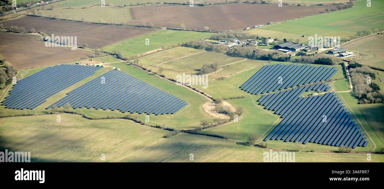 Solar Farms in the Cotswold Landscape, shot from the air, south east ...