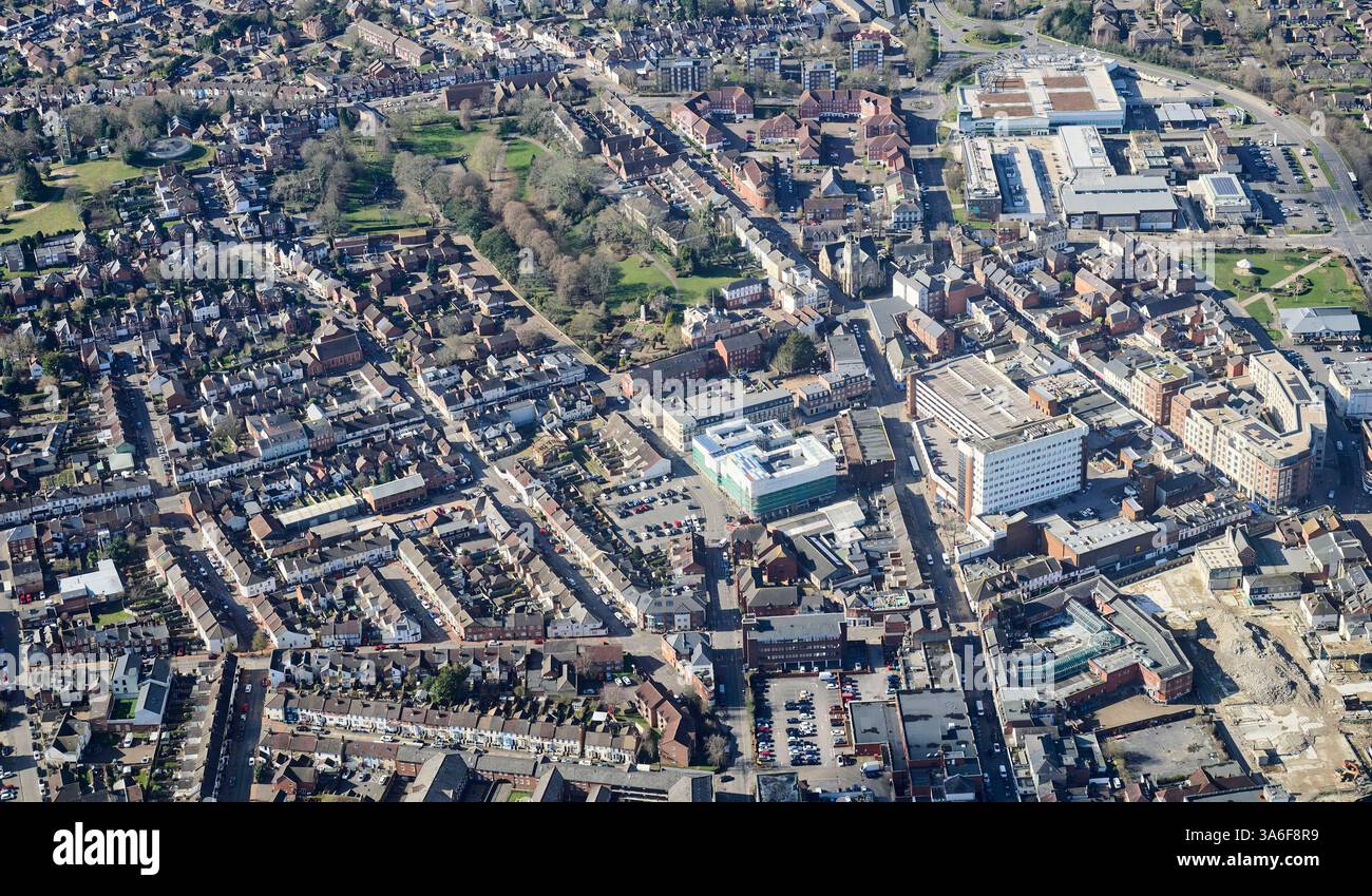 An Aerial view of Aldershot town centre, Berkshire, south east England ...