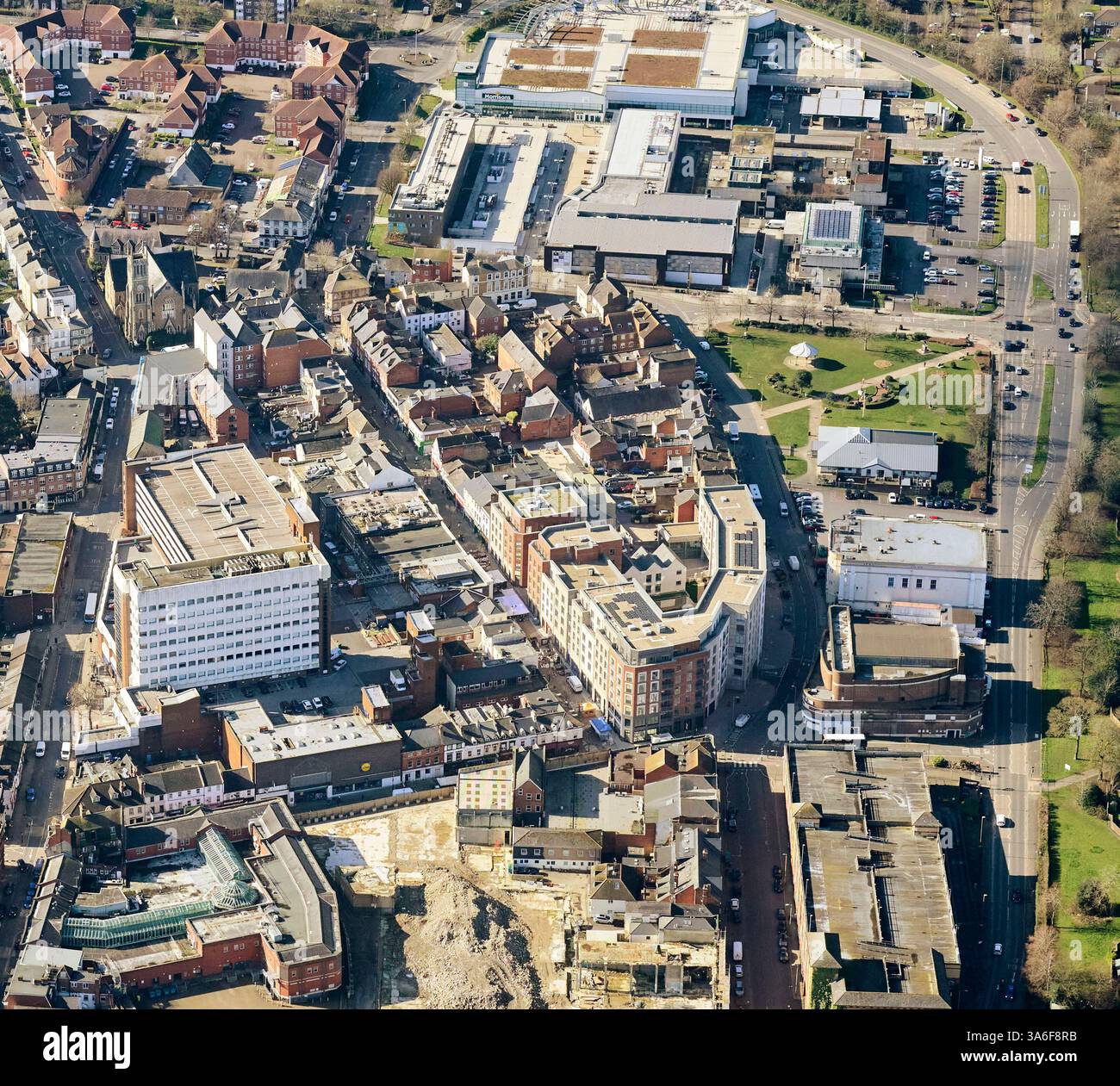 An Aerial view of Aldershot town centre, Berkshire, south east England ...