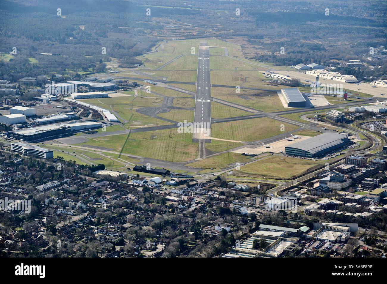 An aerial view of Farnborough Airport, Berkshire, south east England ...