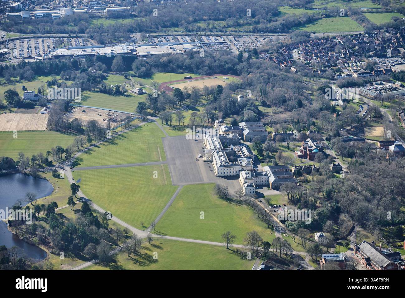 An aerial view of Sandhurst Army College, Berkshire, southeast England ...