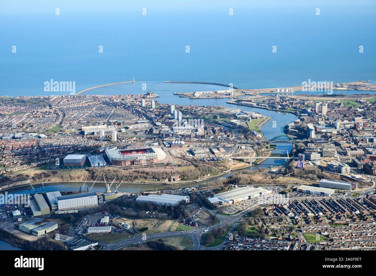 An aerial view of the city of Sunderland, showing the Stadium of Light ...